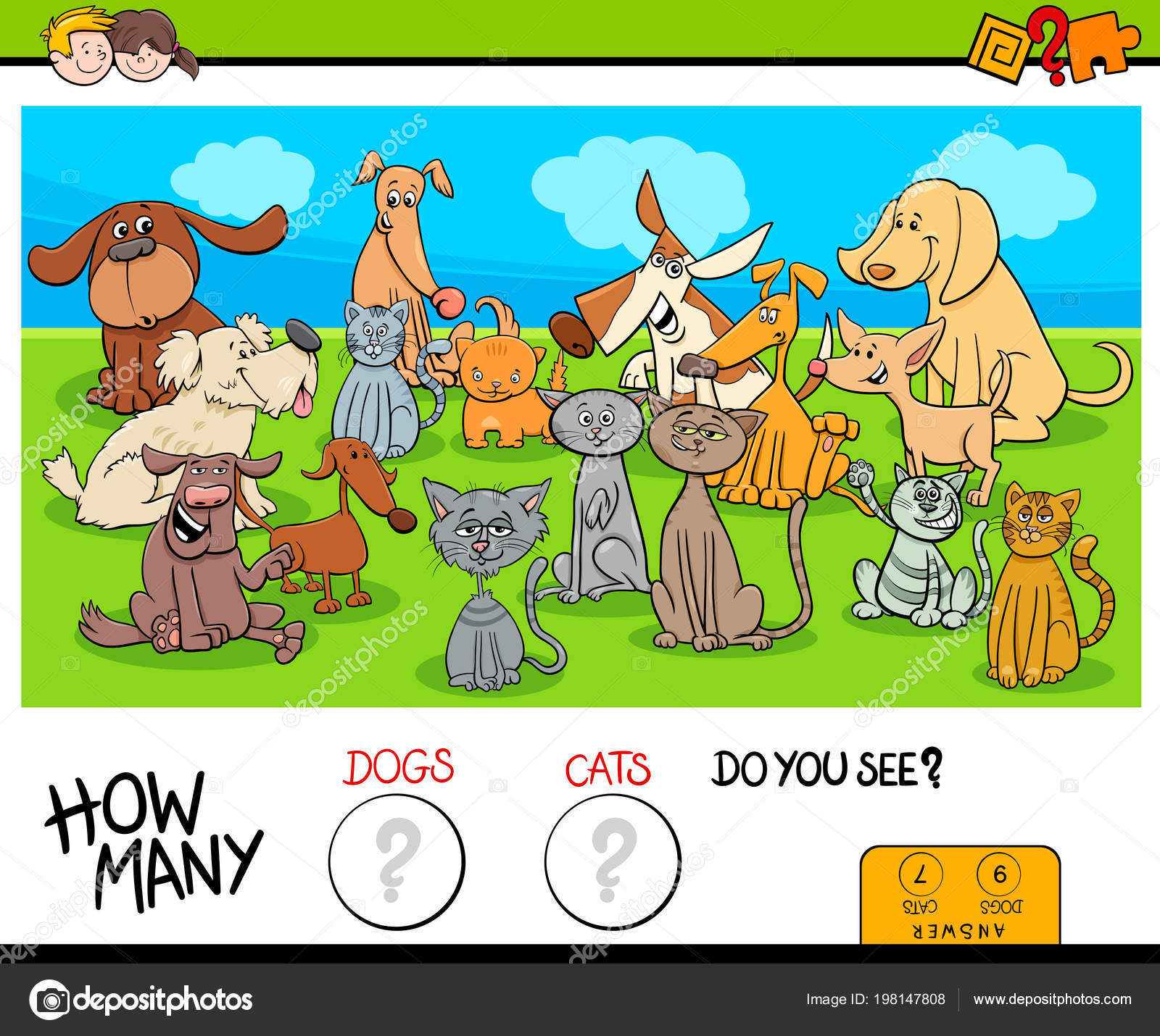 Cartoon Illustration Educational Counting Game Children Cats Dogs Pet ...