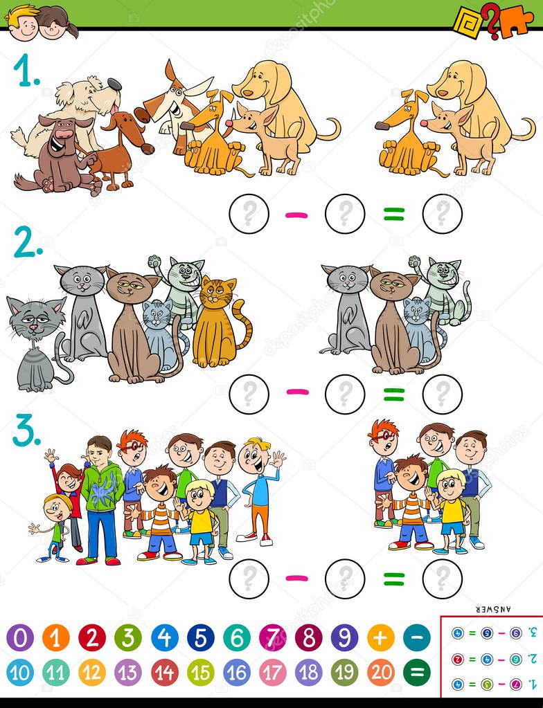 Ilustración de dibujos animados del juego de rompecabezas de resta ...