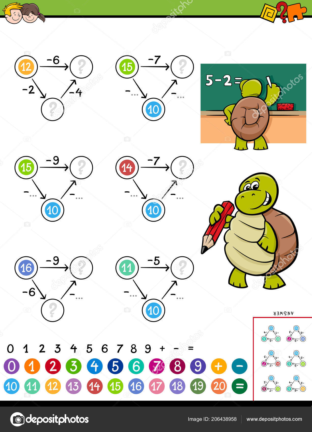 Cartoon Illustration Educational Mathematical Subtraction Puzzle Game ...