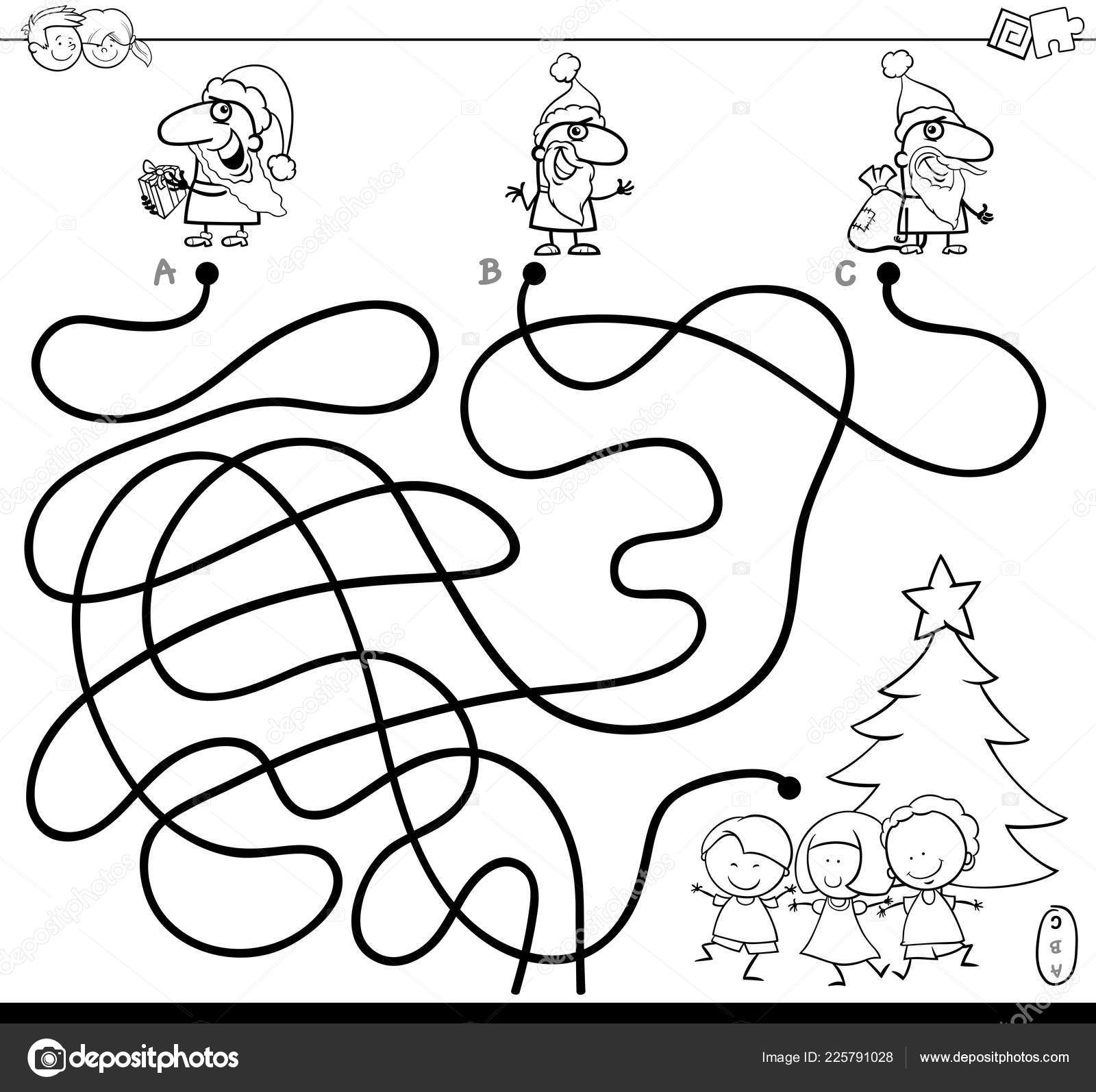 Black White Cartoon Illustration Lines Maze Puzzle Game Christmas Santa ...
