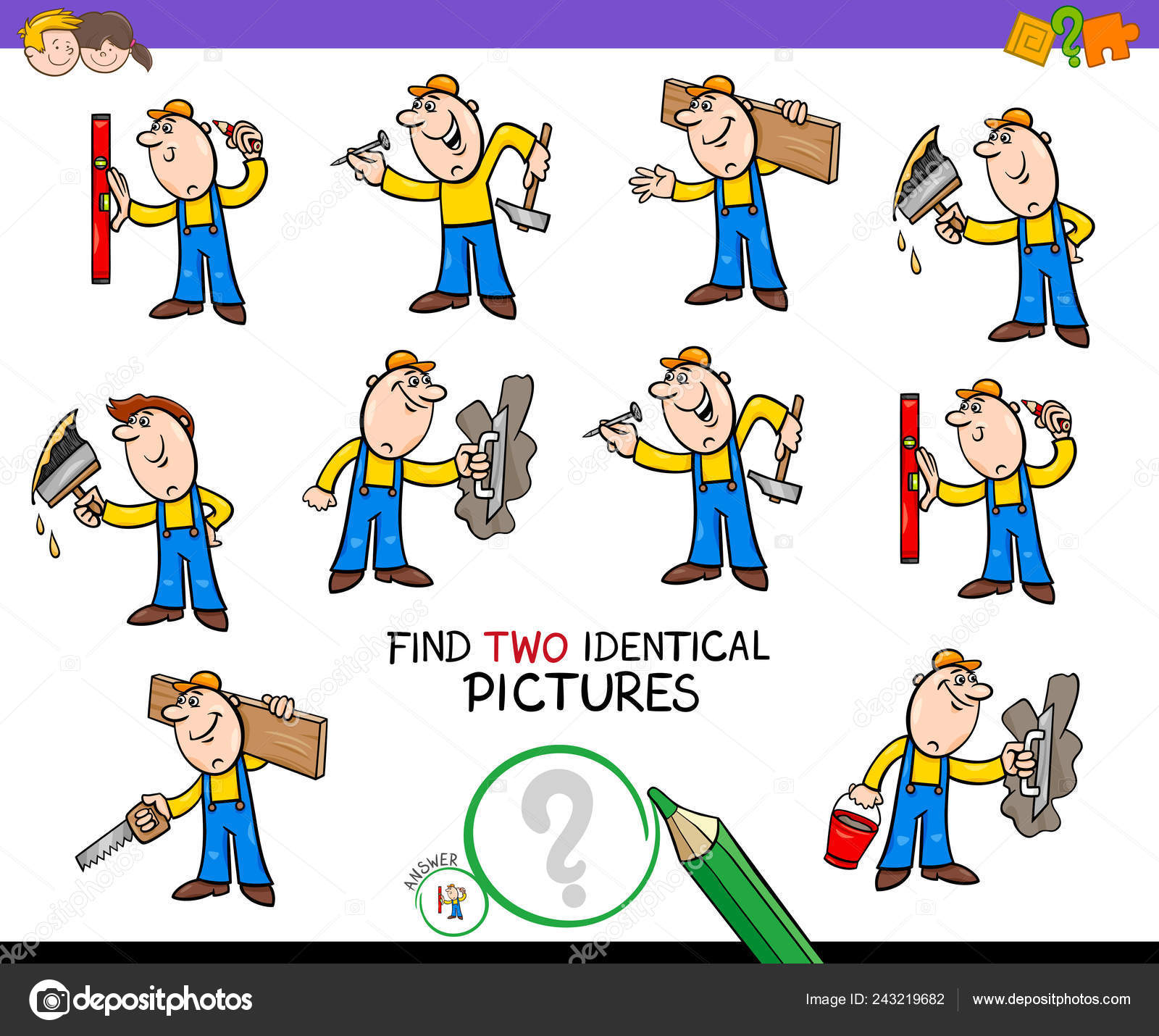 Cartoon Illustration Finding Two Identical Pictures Educational Game ...