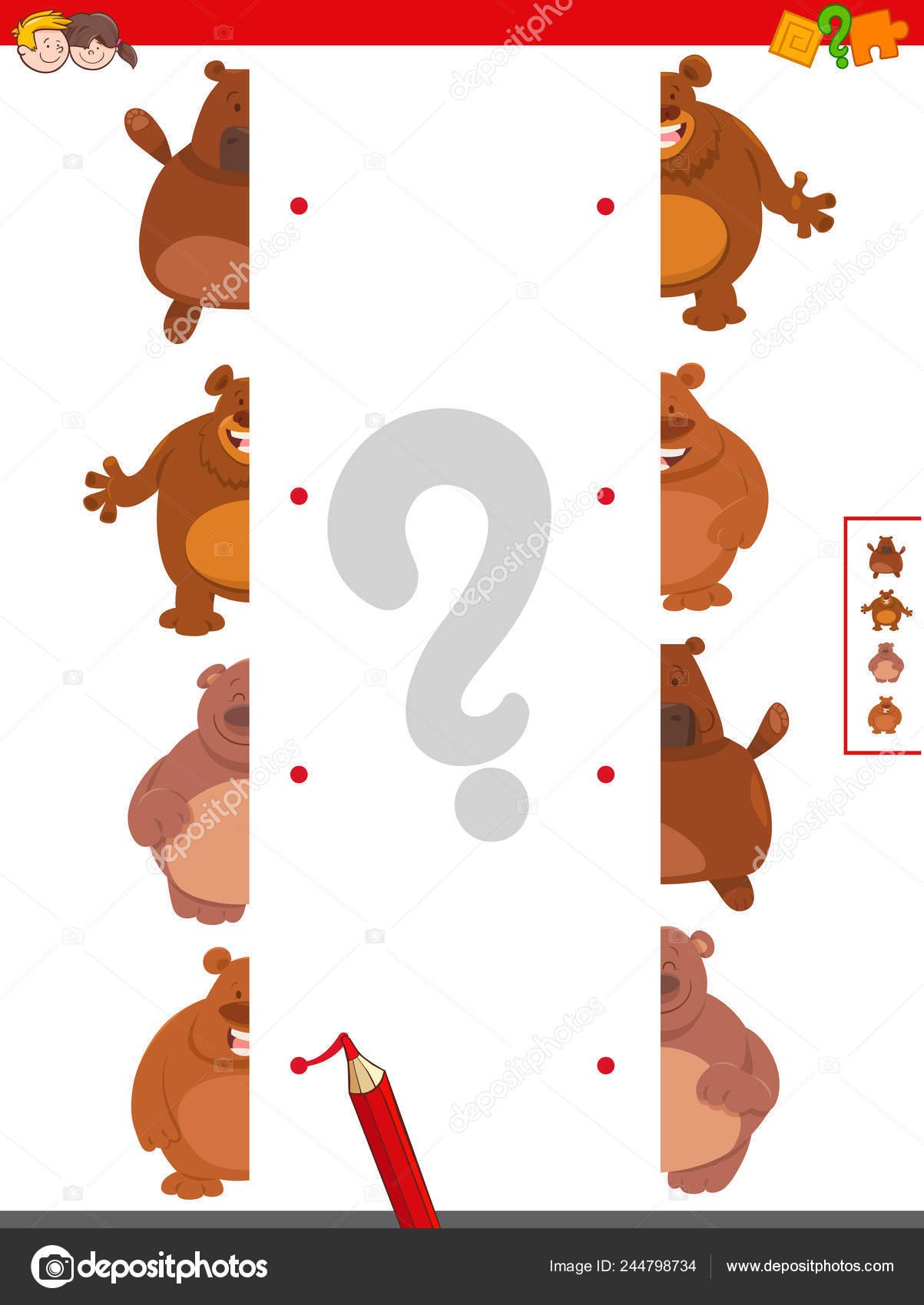 Cartoon Illustration Educational Game Matching Halves Cute Bears Animal ...