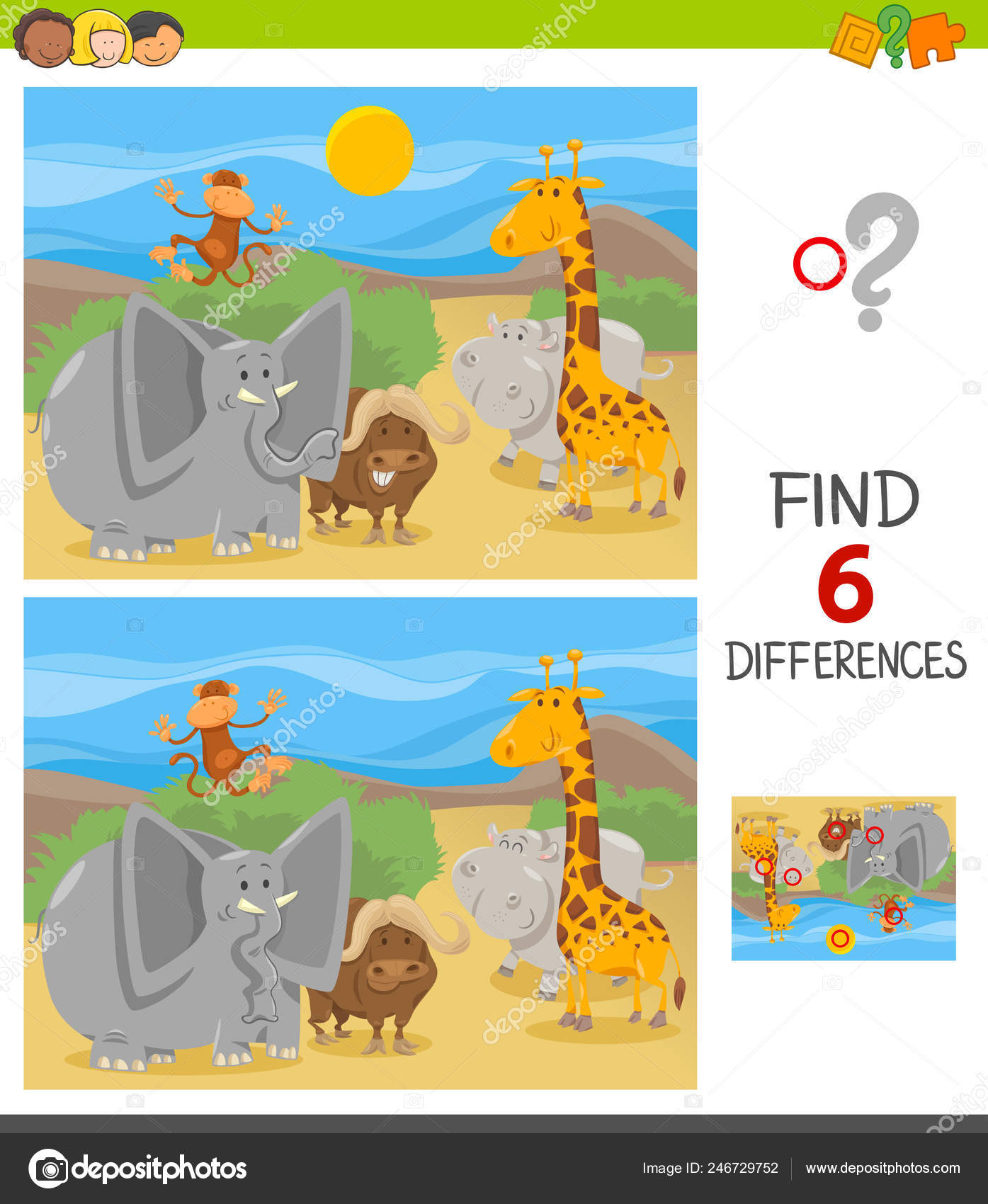 Cartoon Illustration Finding Six Differences Pictures Educational Game ...