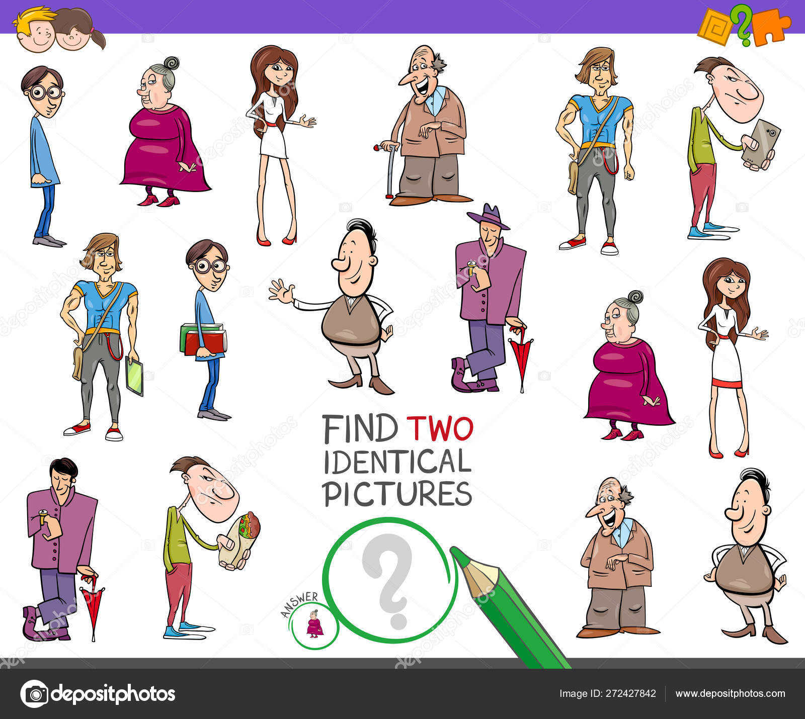 Encontrar dos personajes idénticos juego para niños Vector de stock por ...