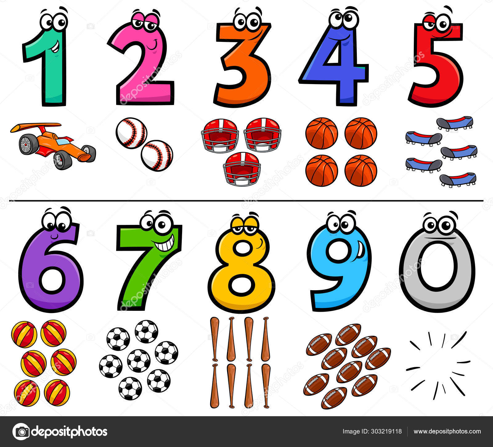 Números educativos de dibujos animados con objetos deportivos Vector de ...