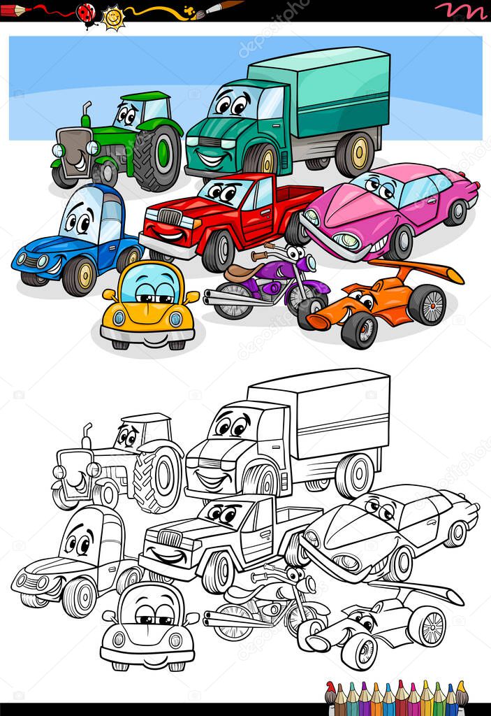 Ilustraci n de dibujos animados de coches divertidos y veh culos de transporte Personajes Grupo ...