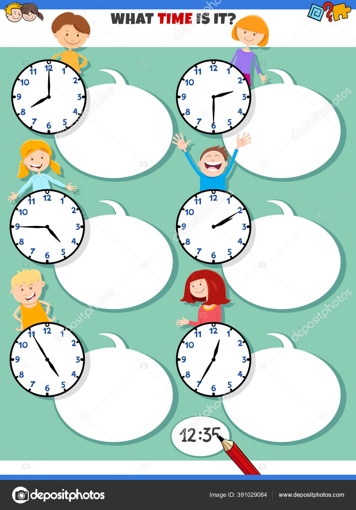 Cartoon Illustrations Telling Time Educational Task Clock Faces Happy ...