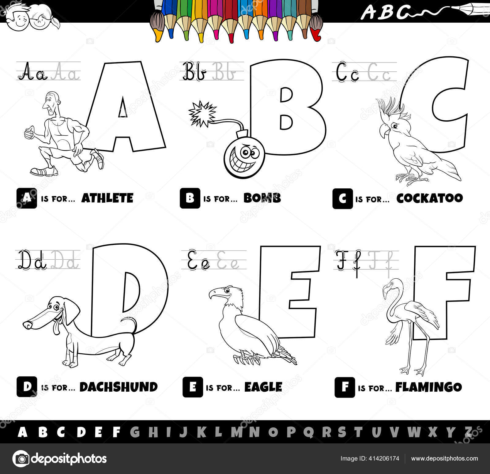 Black White Cartoon Illustration Capital Letters Alphabet Educational ...