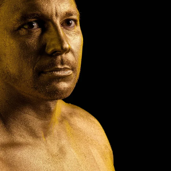 Male Athlete Bodybuilder Golden Bodyart Posing Black Background — Stock ...