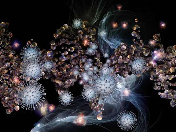 3D rendering of interaction of viral particles and abstract microscopic ...