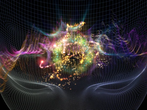 Mind wave series. Wire-frame of human face with abstract light waves on ...