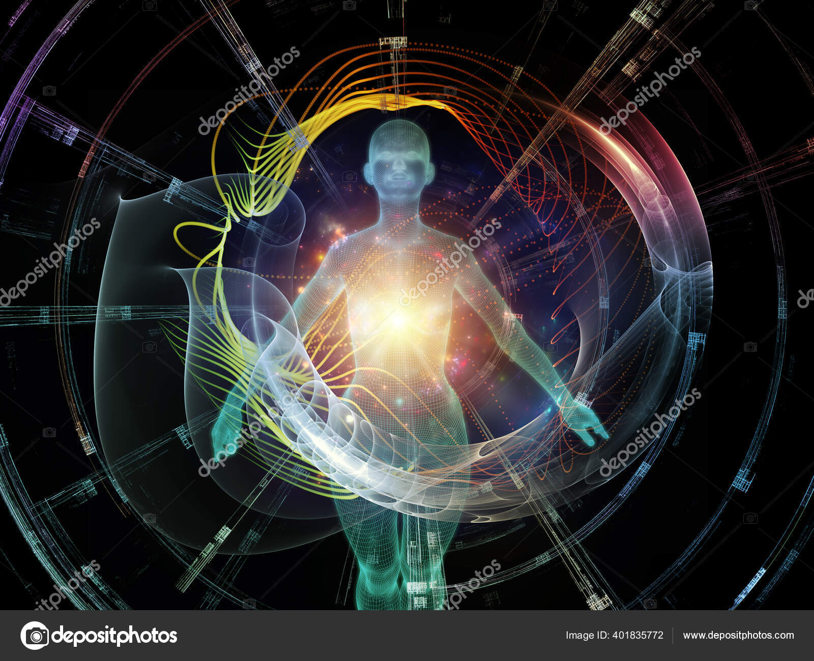 Light Series Rendering Human Figure Radiating Light Fractal Elements ...