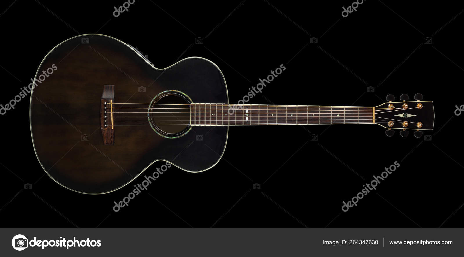 Musical instrument - Top view brown acoustic guitar on black. Is Stock ...