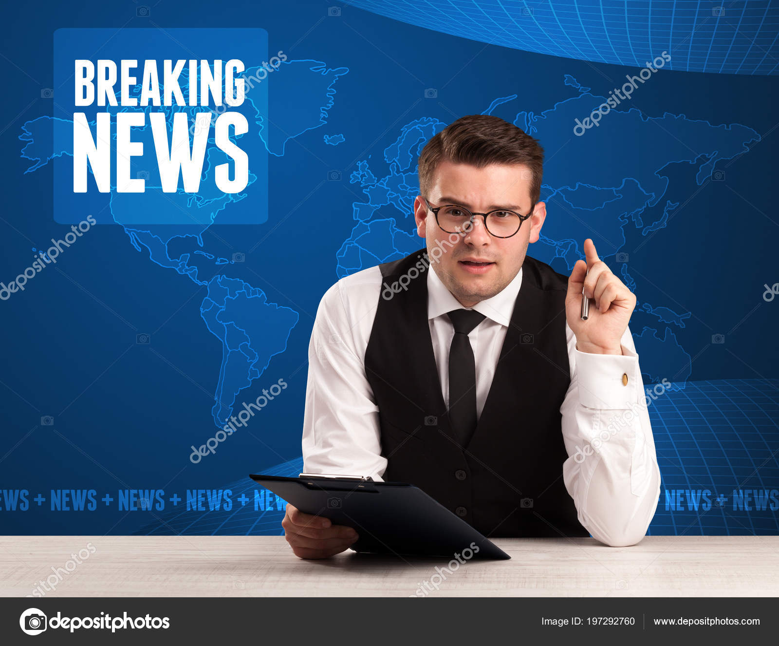 Television presenter in front telling breaking news with blue modern ...