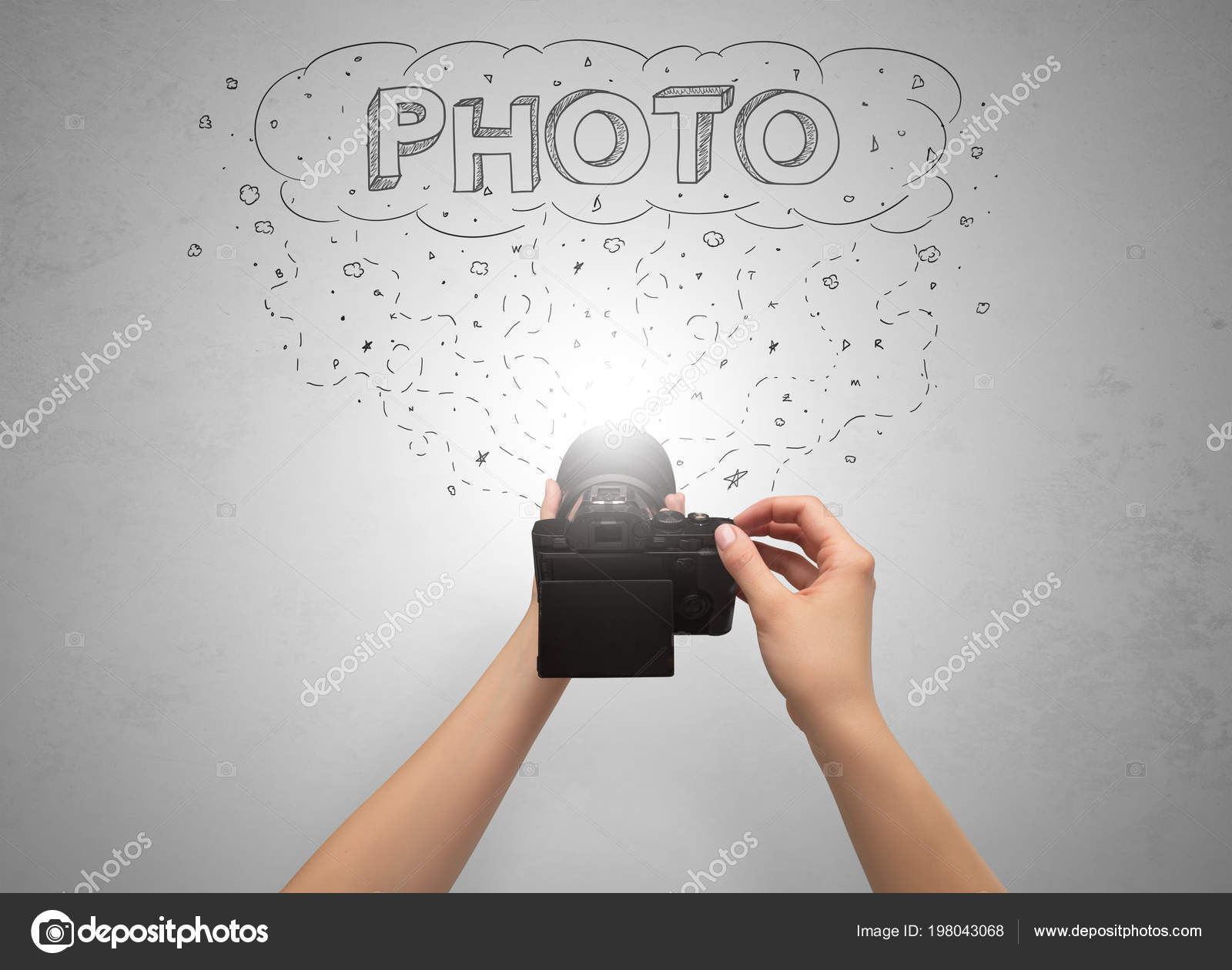 Hand photo shooting with message cloud concept — Stock Photo ...