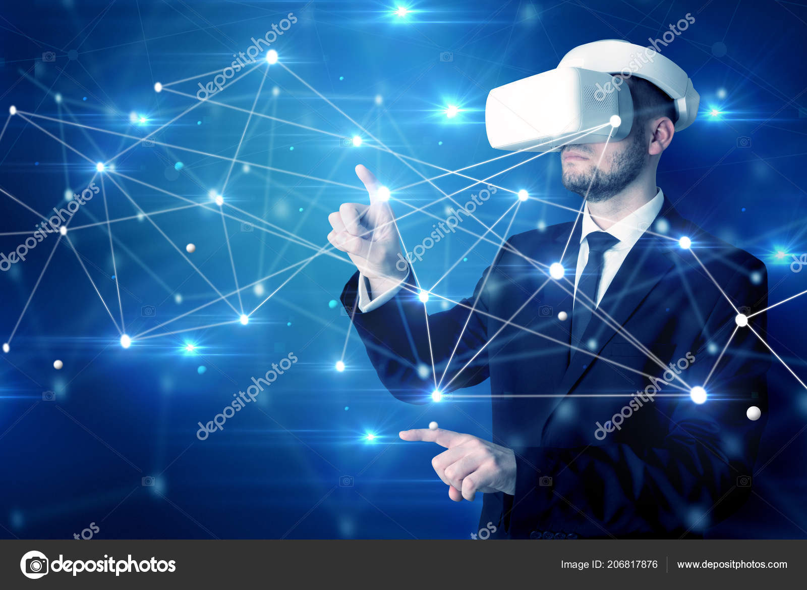 Man touching 3D connectivity and network signs Stock Photo by ...