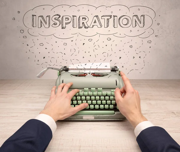 First person perspective hand and typewriter with cloud message concept ...
