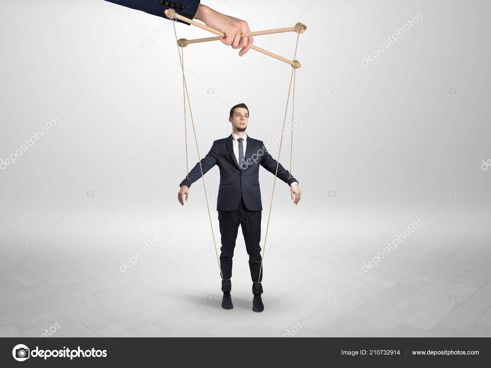 Puppet Businessman Empty Room Leaded Huge Hand — Stock Photo ...