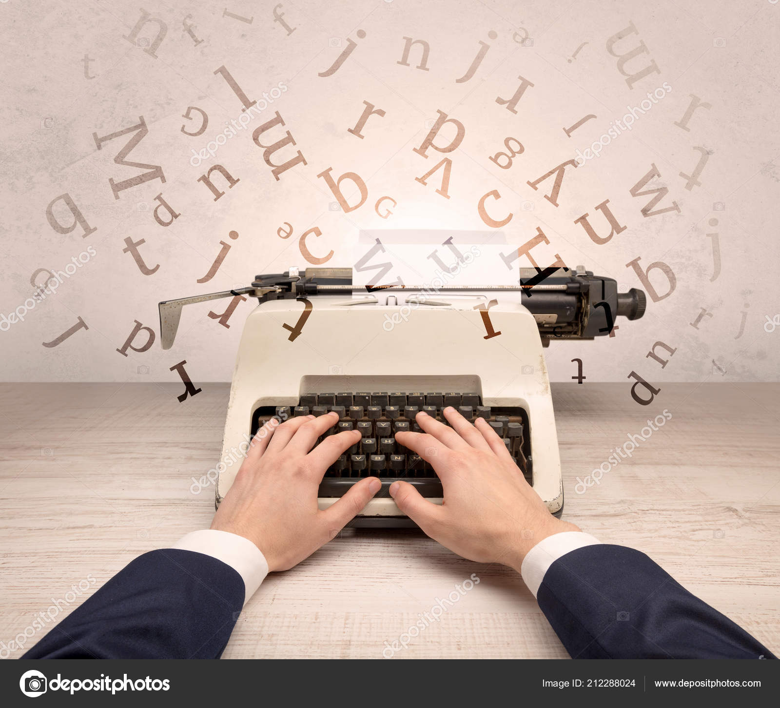 First person perspective elegant hand typing with flying letters ...