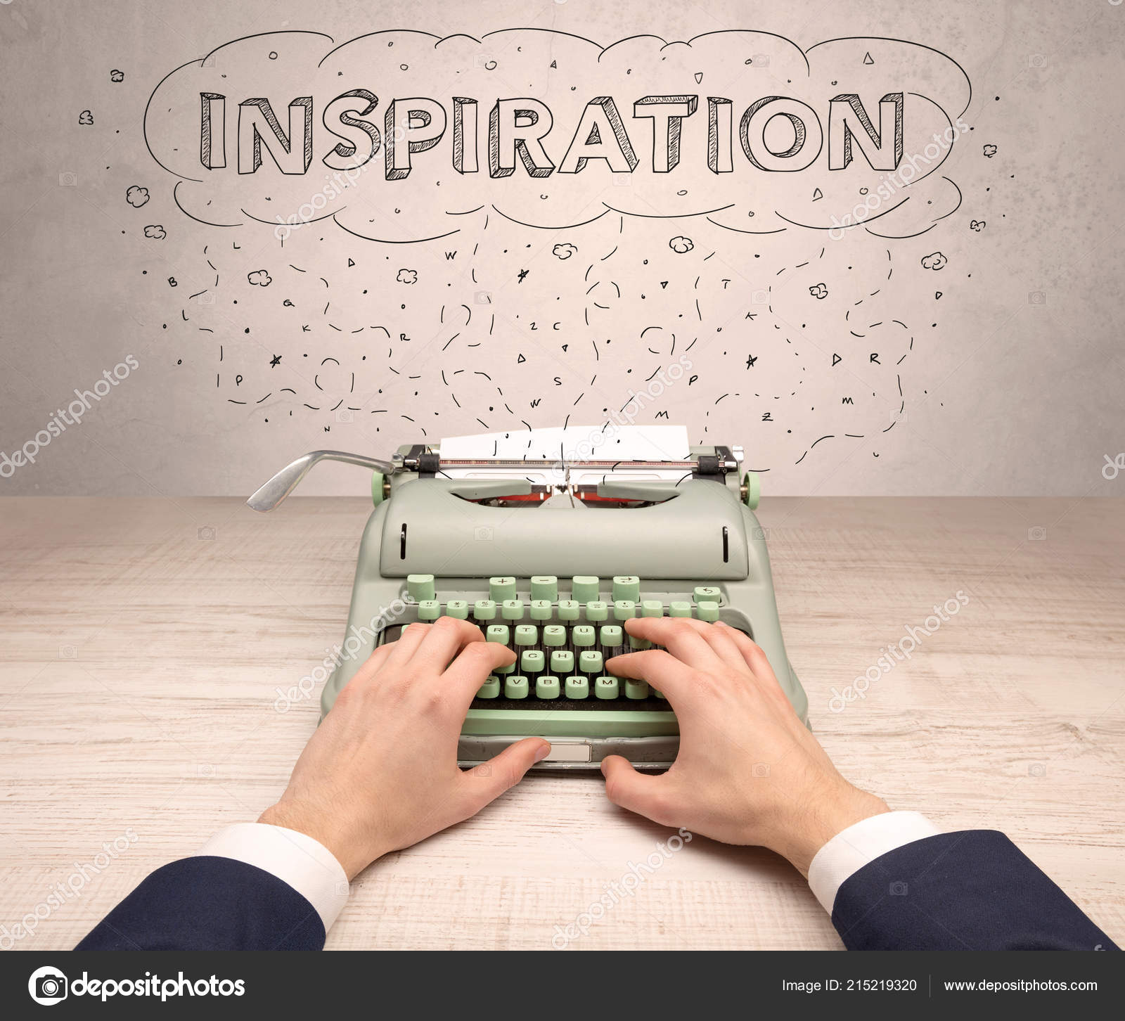 First person perspective hand and typewriter with cloud message concept ...