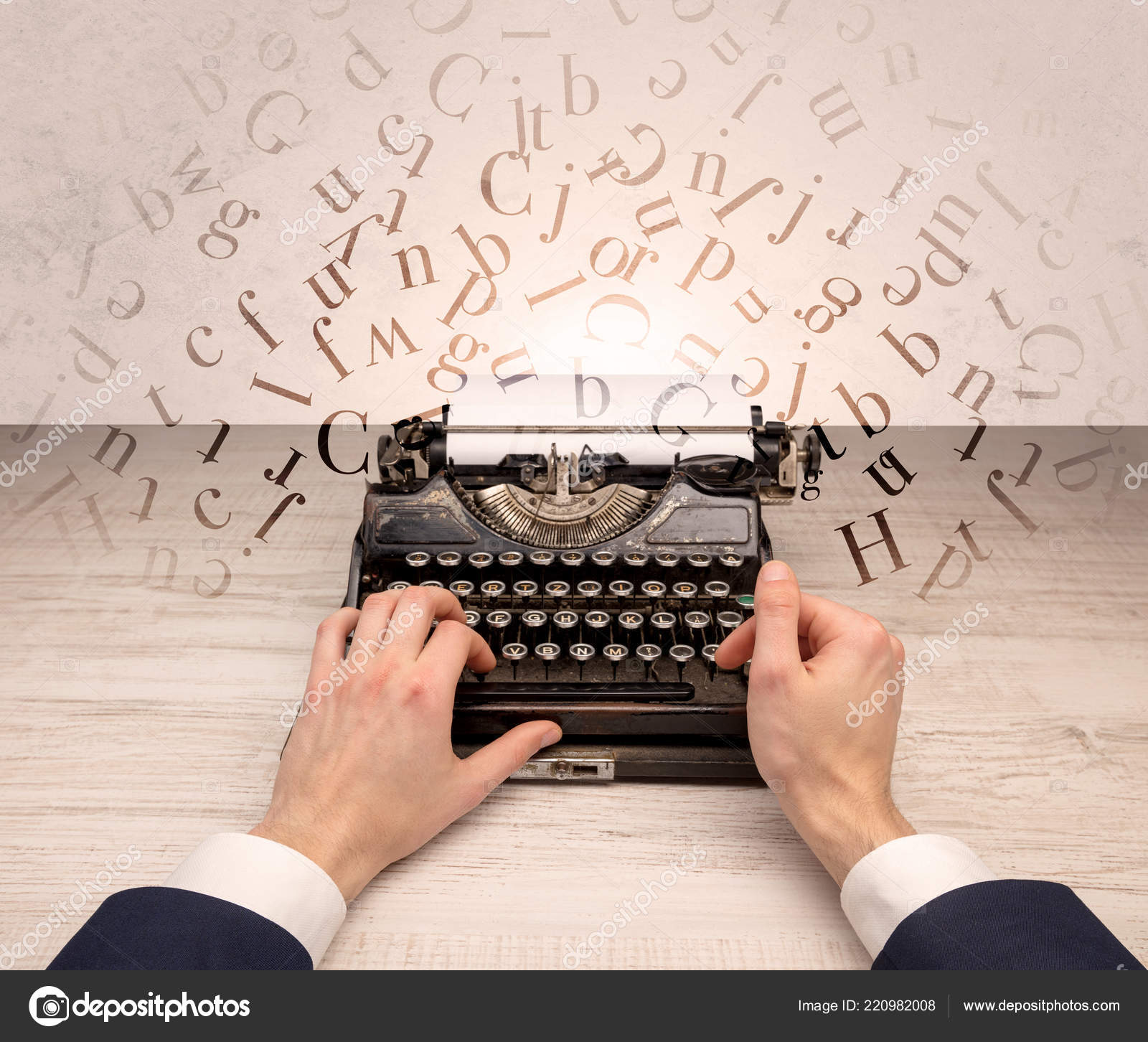 First person perspective elegant hand typing with flying letters ...