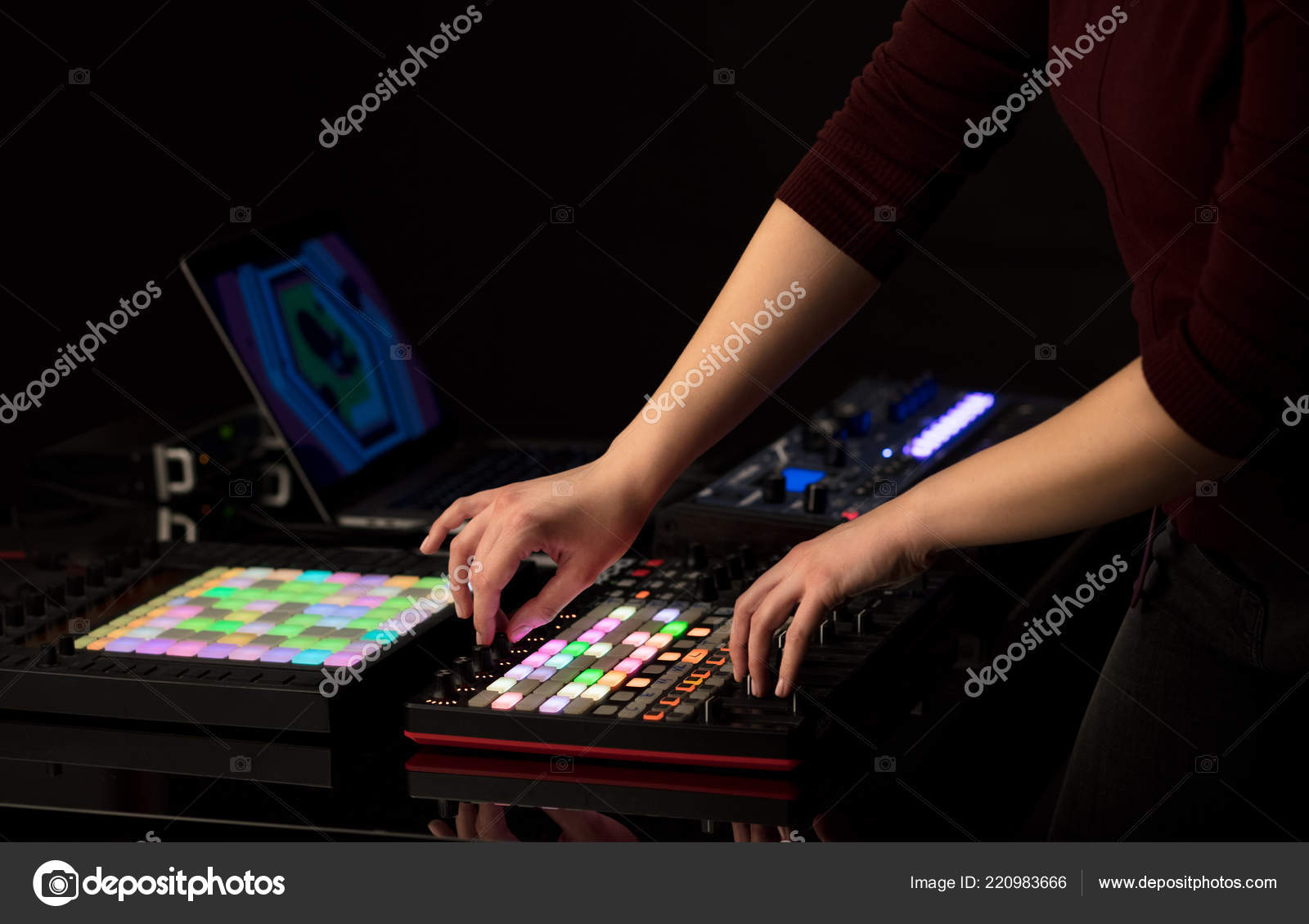 Hand mixing music on midi controller — Stock Photo © ra2studio #220983666
