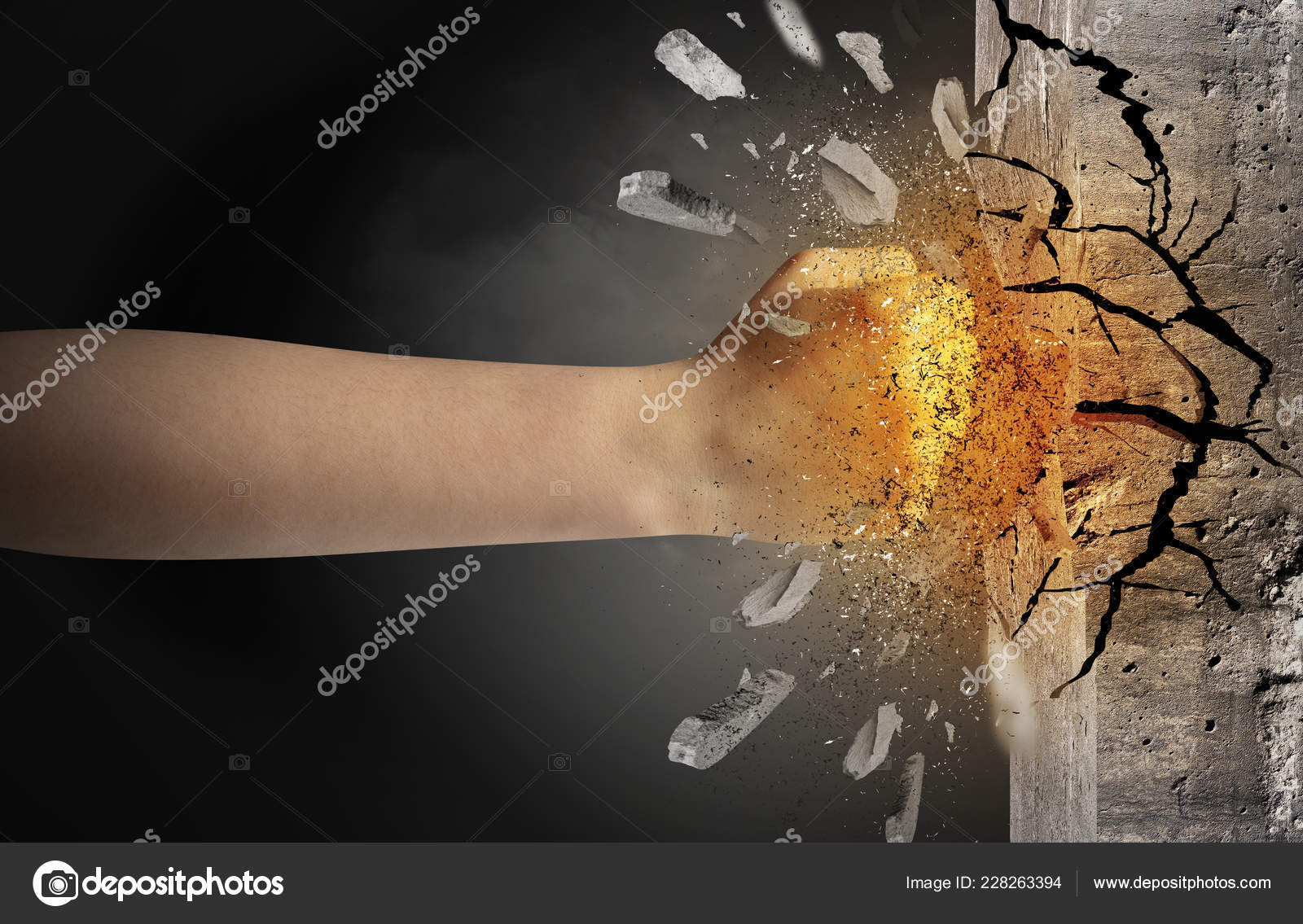 Hand hits intense and breaks stonewall — Stock Photo © ra2studio #228263394