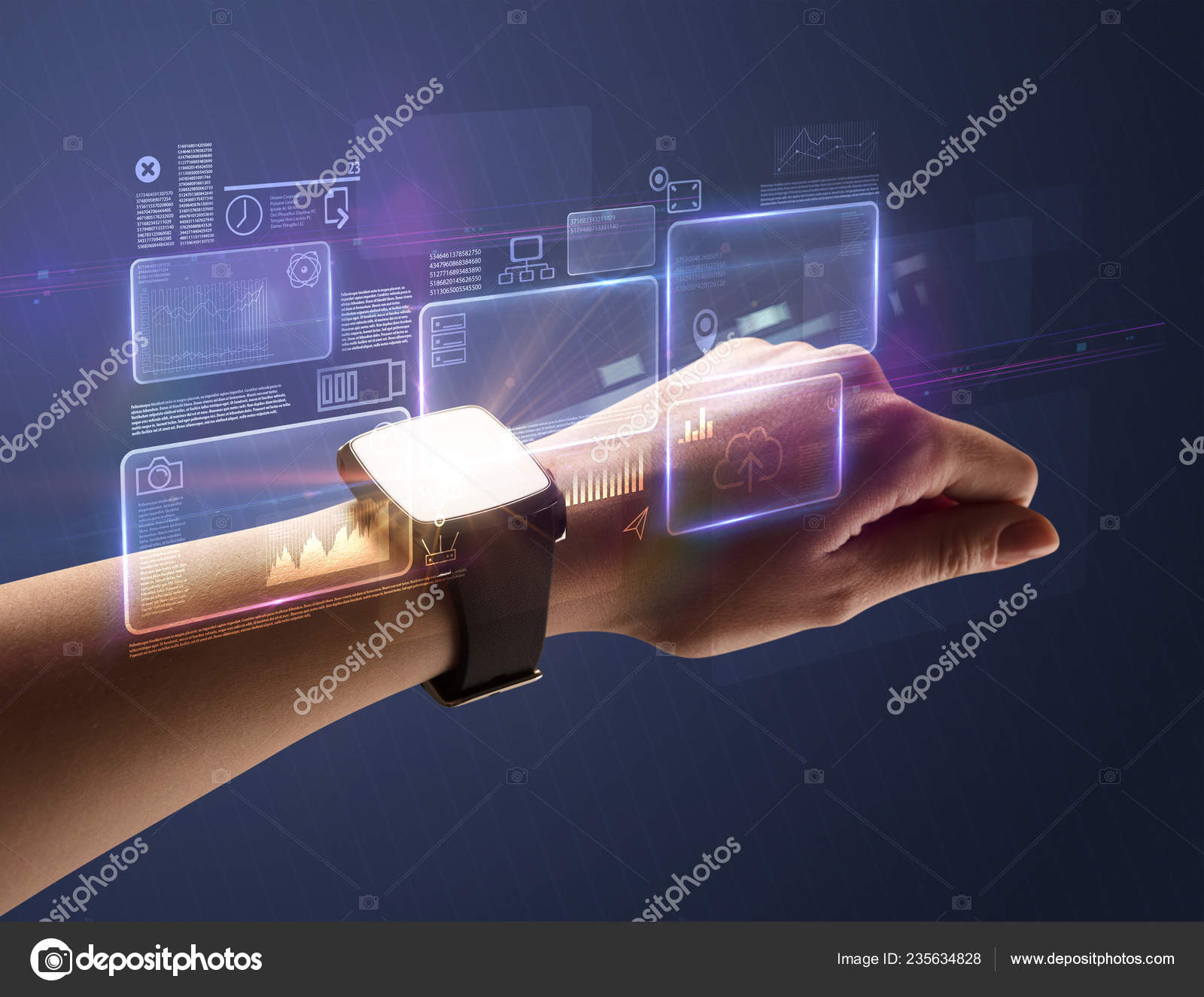 Female hand with smartwatch and dark background Stock Photo by ...