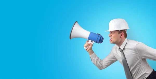 Megaphone screaming engineer contractor business woman with hard hat ...