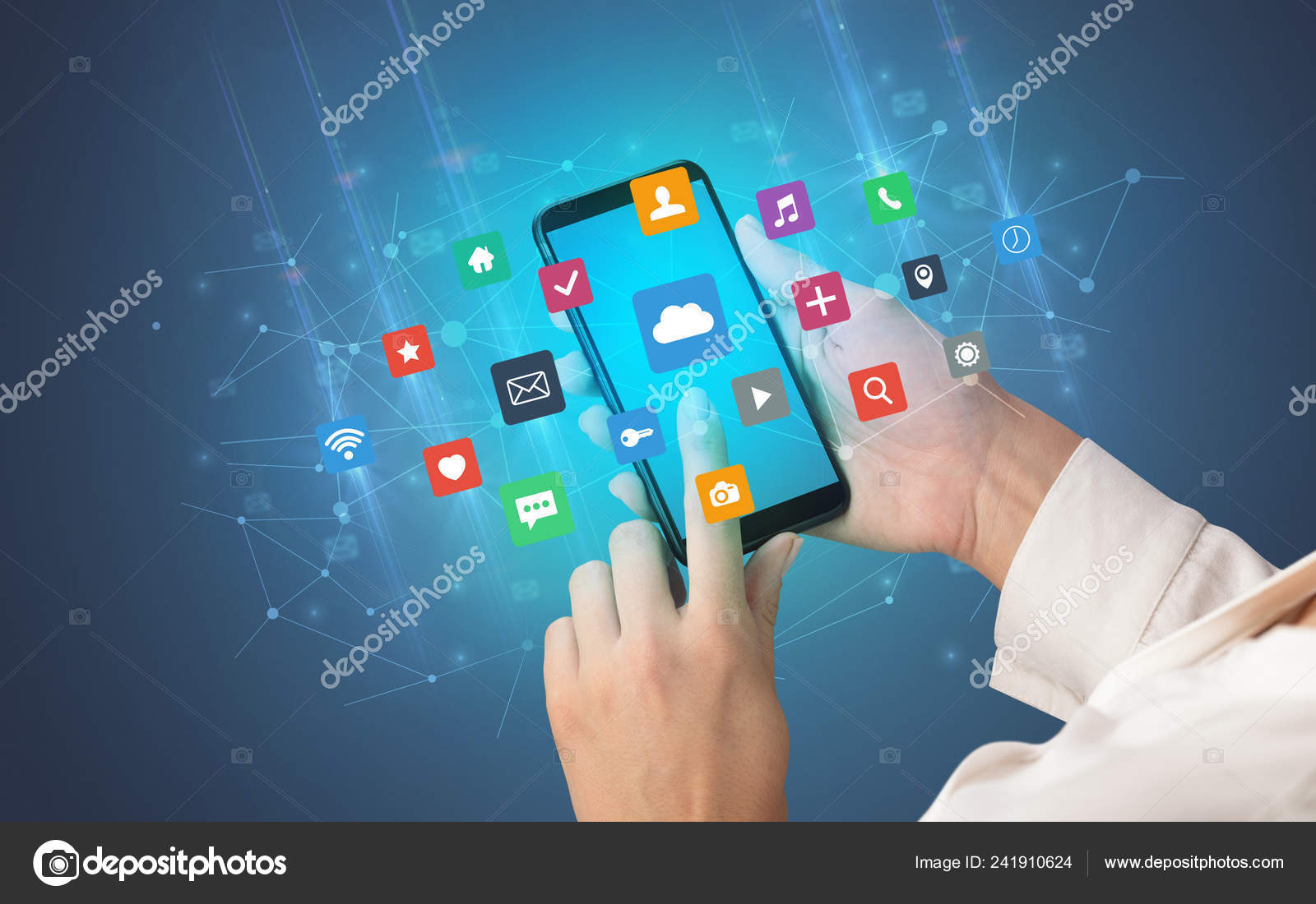 Hand using smartphone with application icons Stock Photo by ©ra2studio ...
