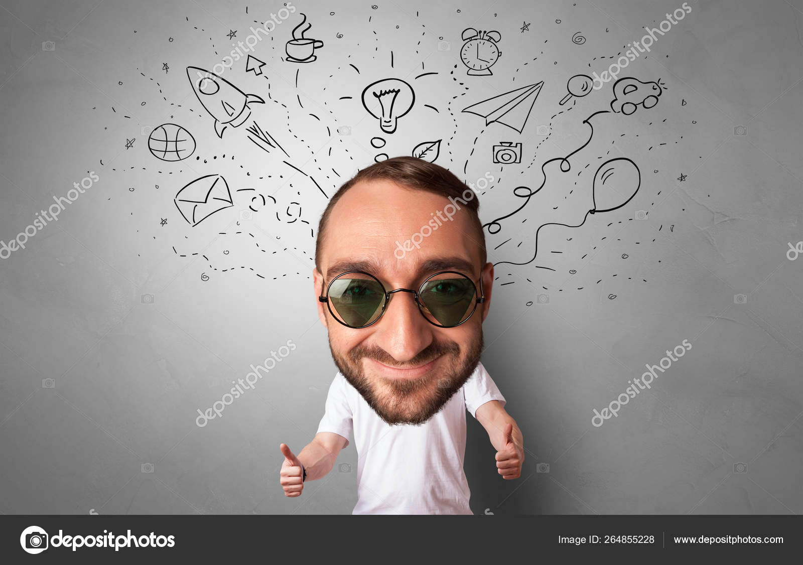 Big head on small body with icons and symbols — Stock Photo © ra2studio ...