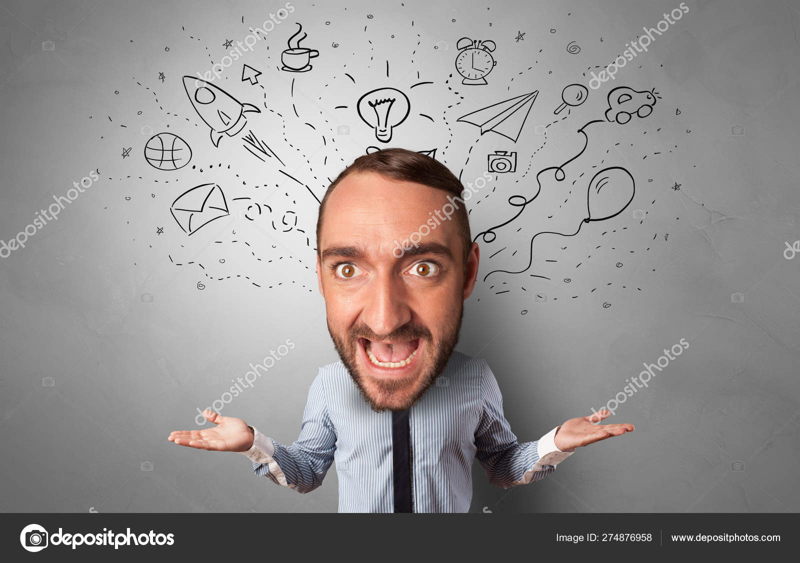 Big head on small body with icons and symbols — Stock Photo © ra2studio ...