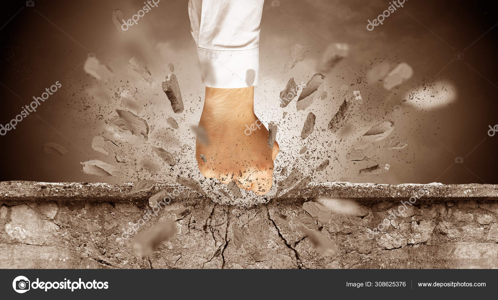Hand hits intense and breaks stonewall — Stock Photo © ra2studio #308625376