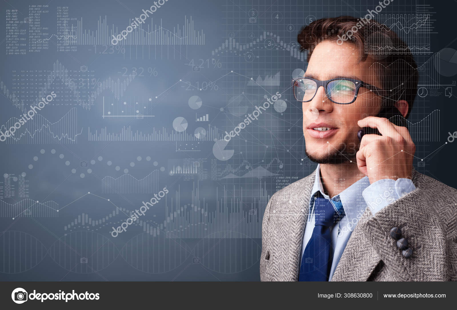 Person talking on the phone with chart and report in the foreground ...