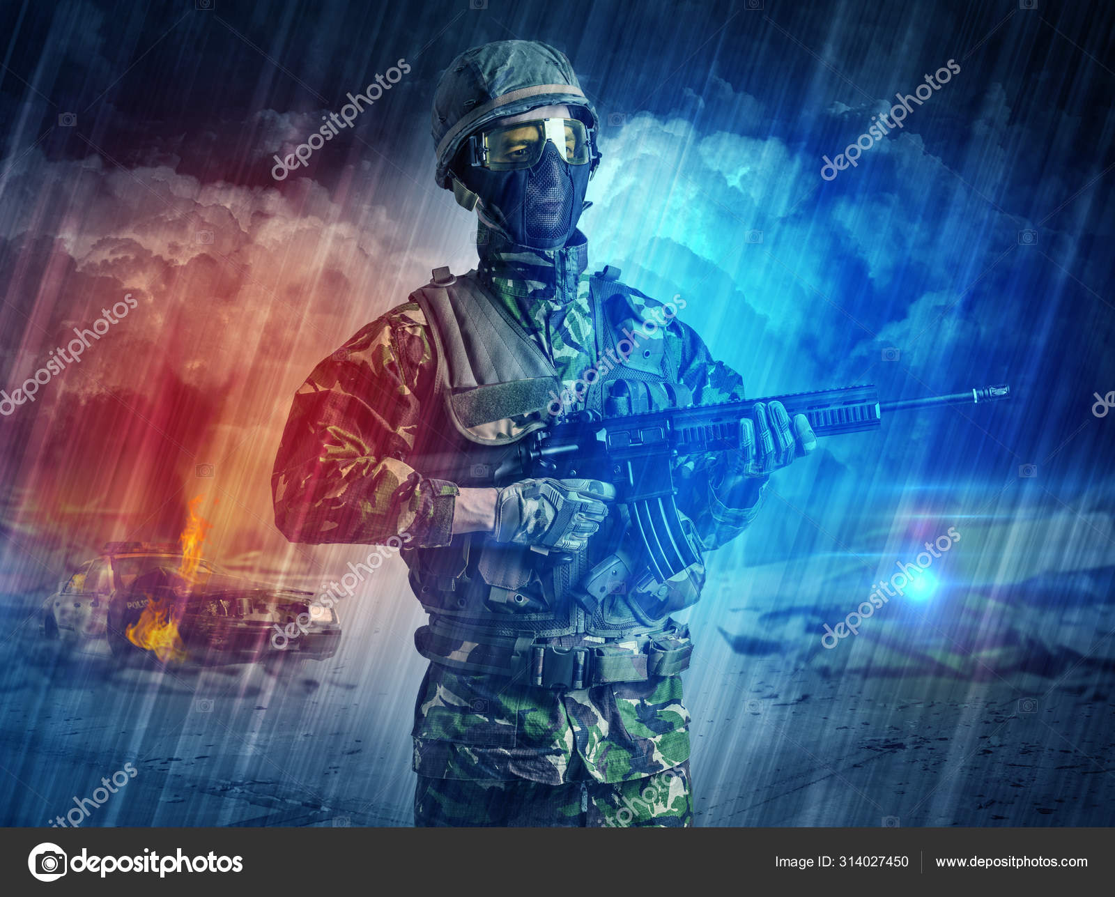 Armed soldier standing in the middle of dust storm — Stock Photo ...