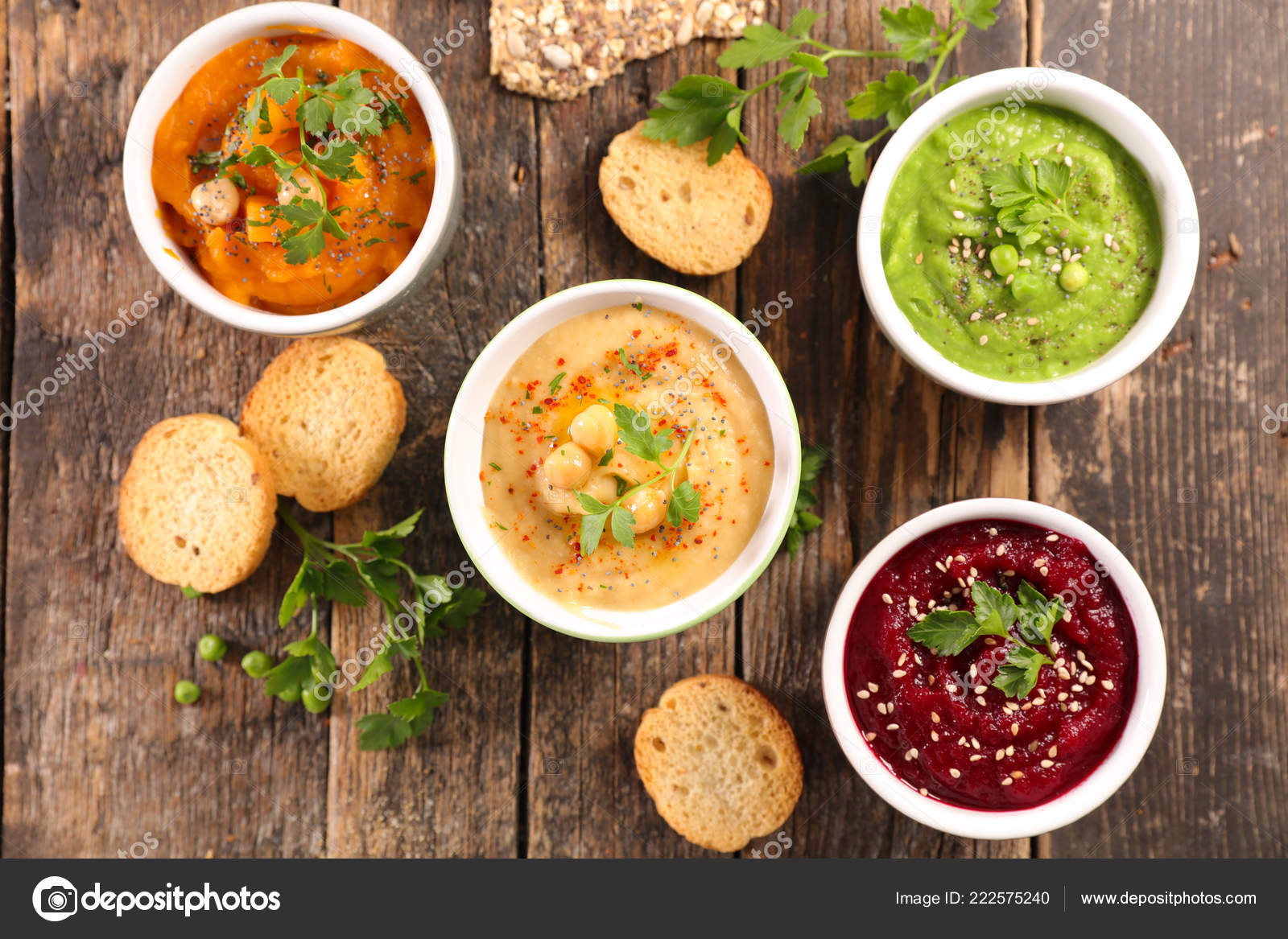 Assorted Dip Spread Wooden Table Stock Photo by ©studioM 222575240