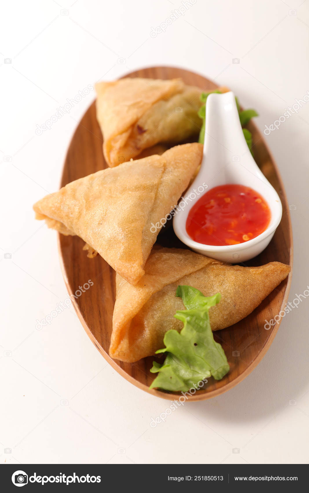 Samosa Sauce Wooden Board Stock Photo by ©studioM 251850513