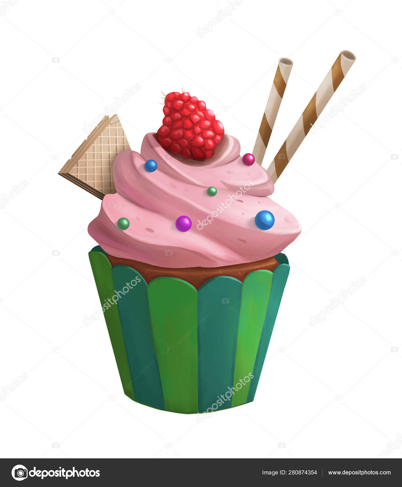 Sweet cupcake with red raspberry and wafer isolated Stock Illustration ...
