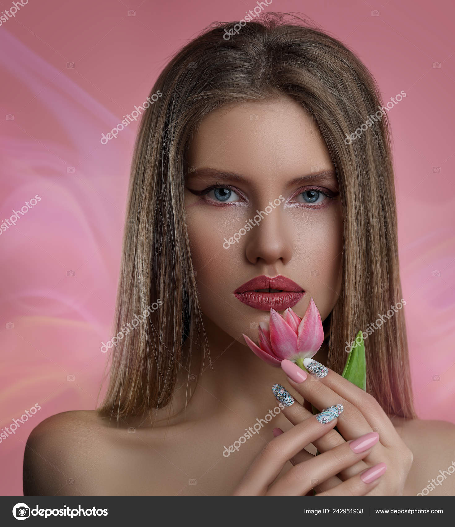 Beauty Portrait Young Woman Flower Model Girl Professional Make Nail ...