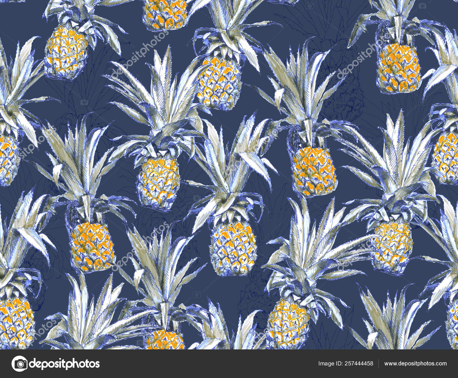 Ink and marker pineapple sketches, seamless pattern Stock Illustration ...