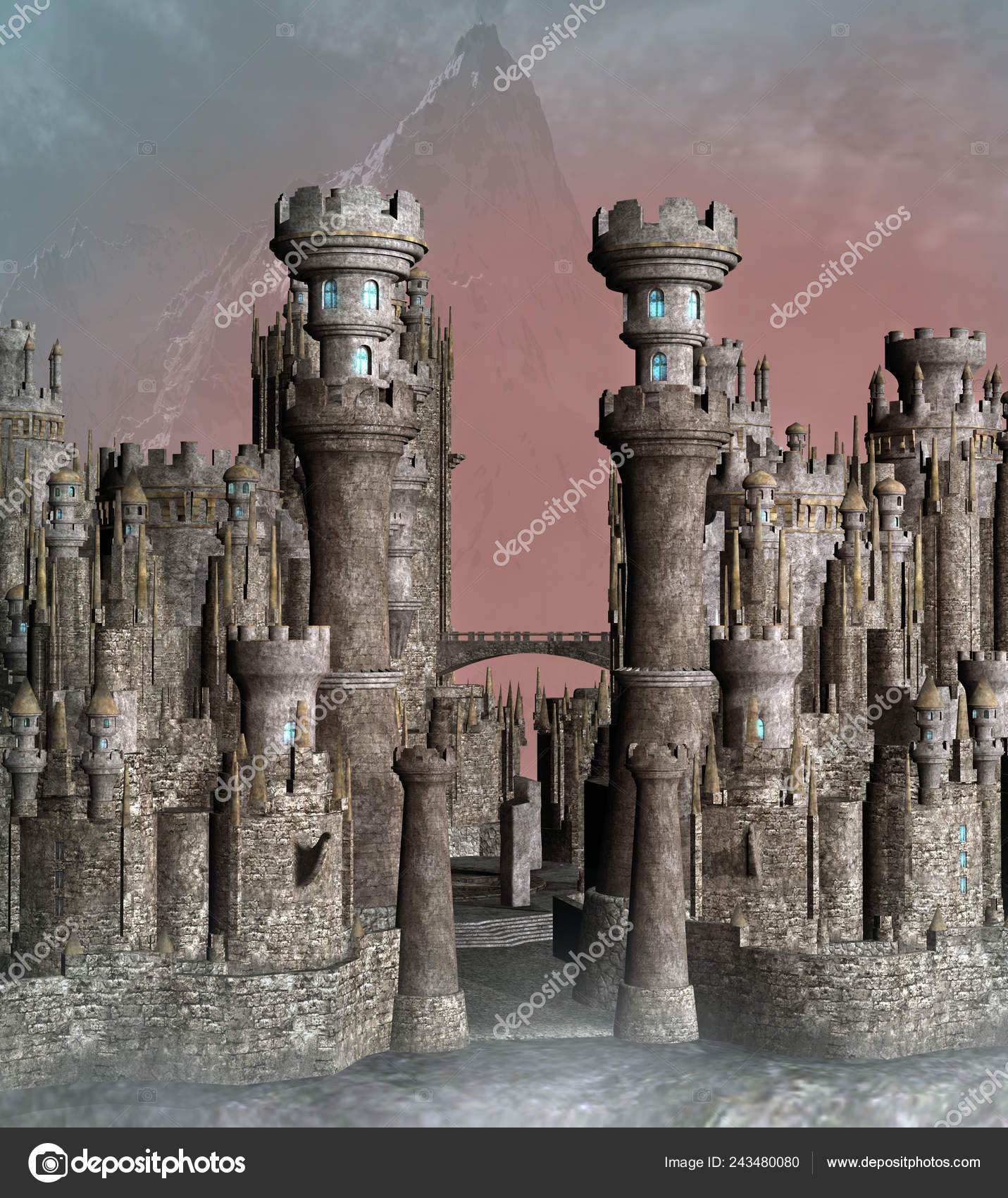 Fantasy Castle Gate Morning Light Misty Mountain Background ...