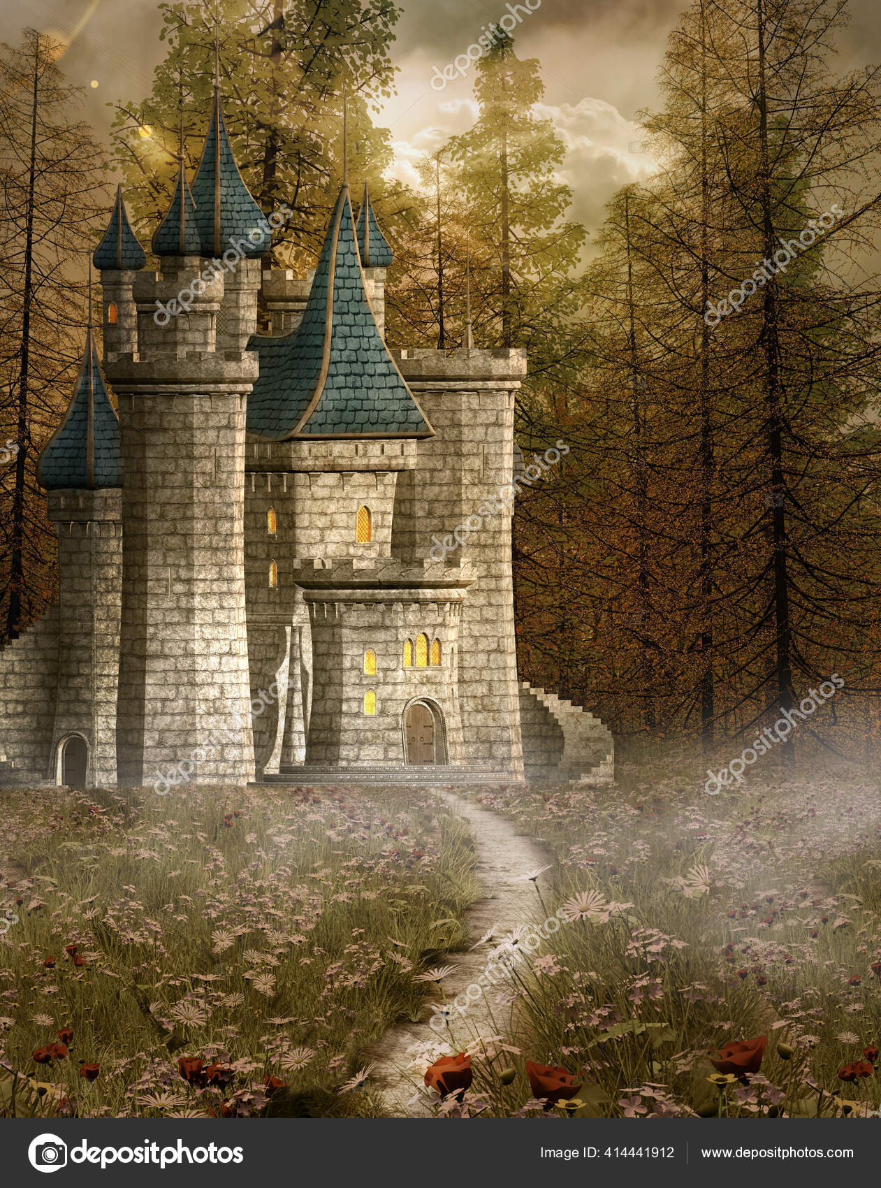Fairy Tale Castle Sunset Middle Misty Forest Stock Photo by ©Ellerslie ...