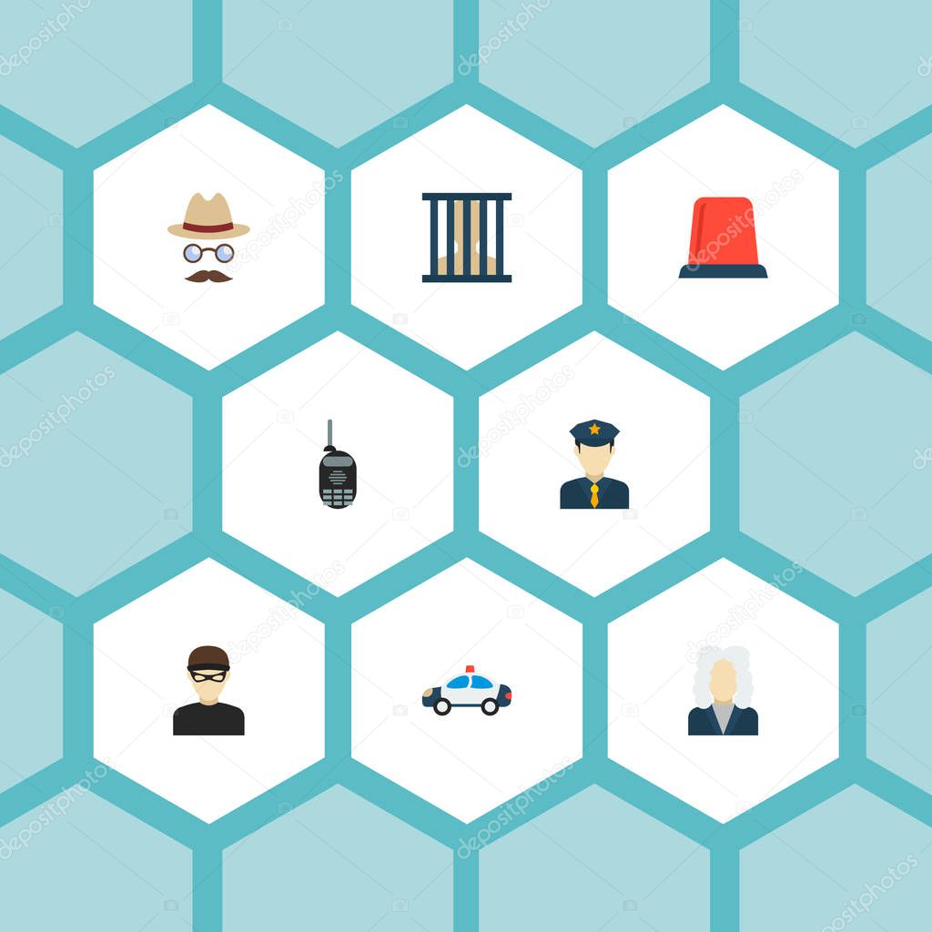 Conjunto de iconos del crimen símbolos de estilo plano con criminal ...