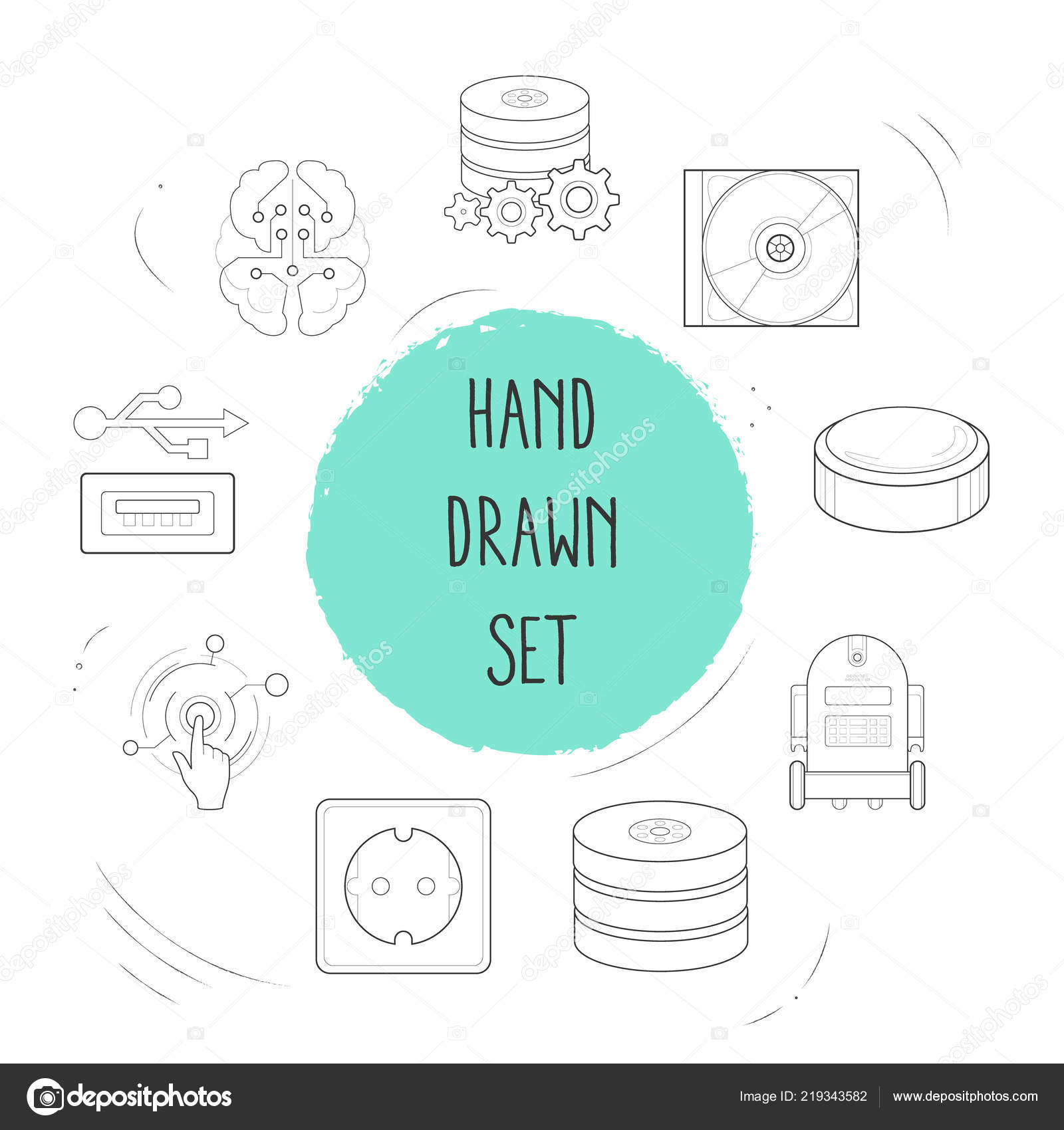 Set of tech icons line style symbols with data processing, virtual ...