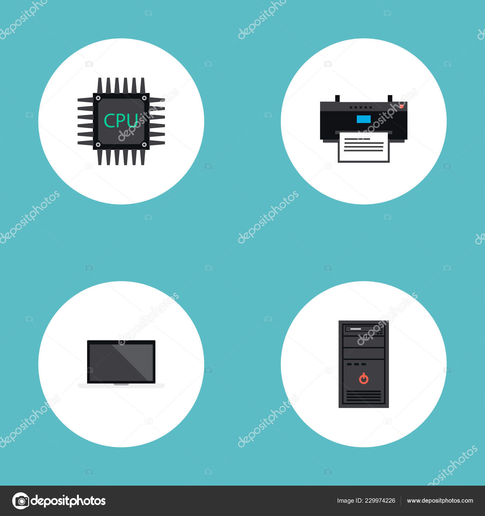 Set of PC icons flat style symbols with cpu, laptop, printing machine ...