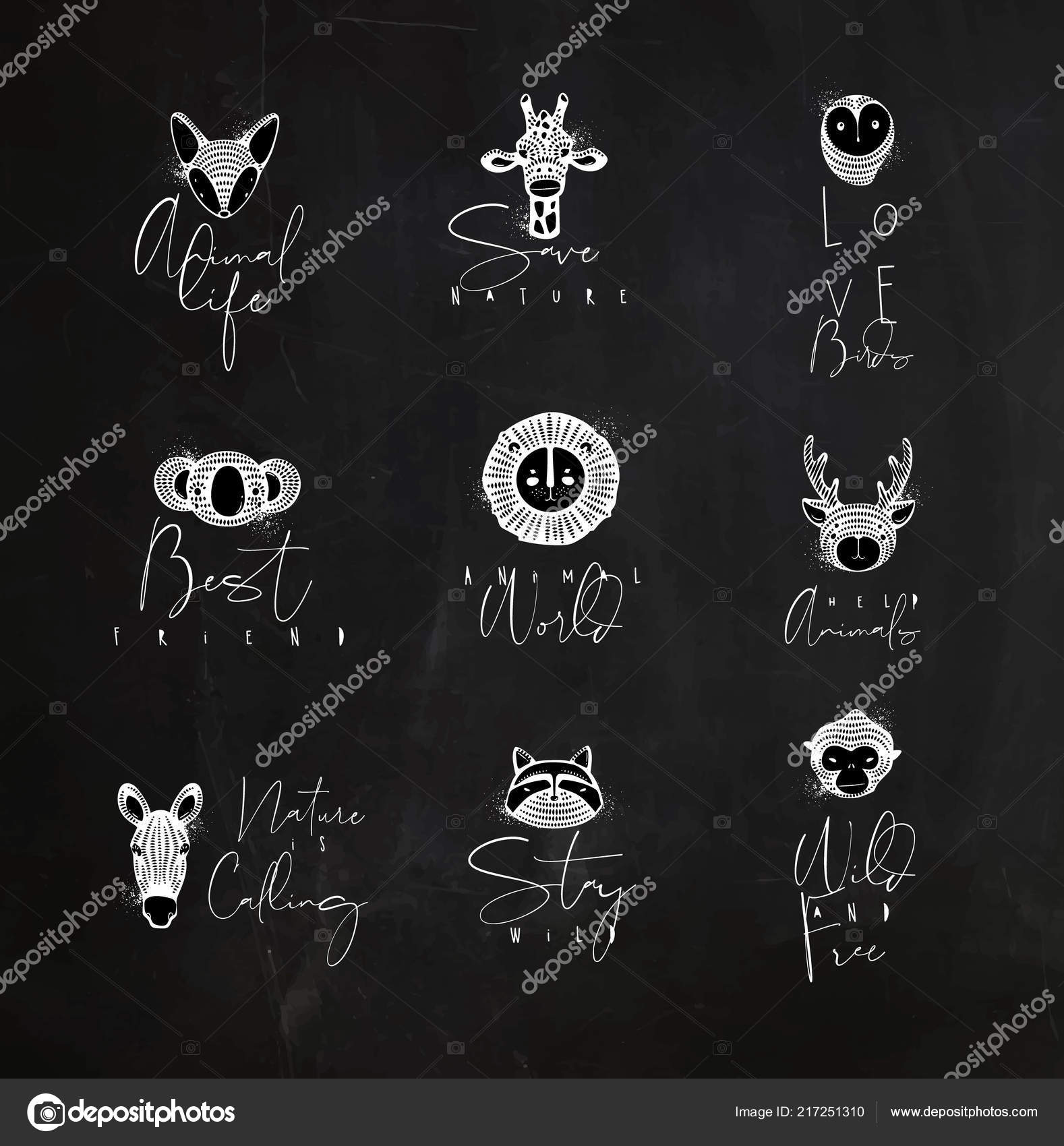 Set Animals Authentic Graphic Signs Fox Giraffe Owl Panda Lion Stock ...