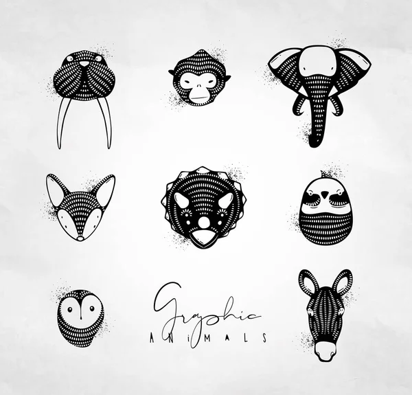 Set Animals Authentic Graphic Signs Fox Giraffe Owl Panda Lion Stock ...