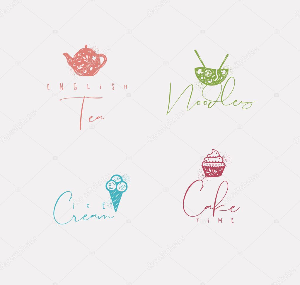 Letras de letreros de comida té inglés, fideos, helado, dibujo a la ...