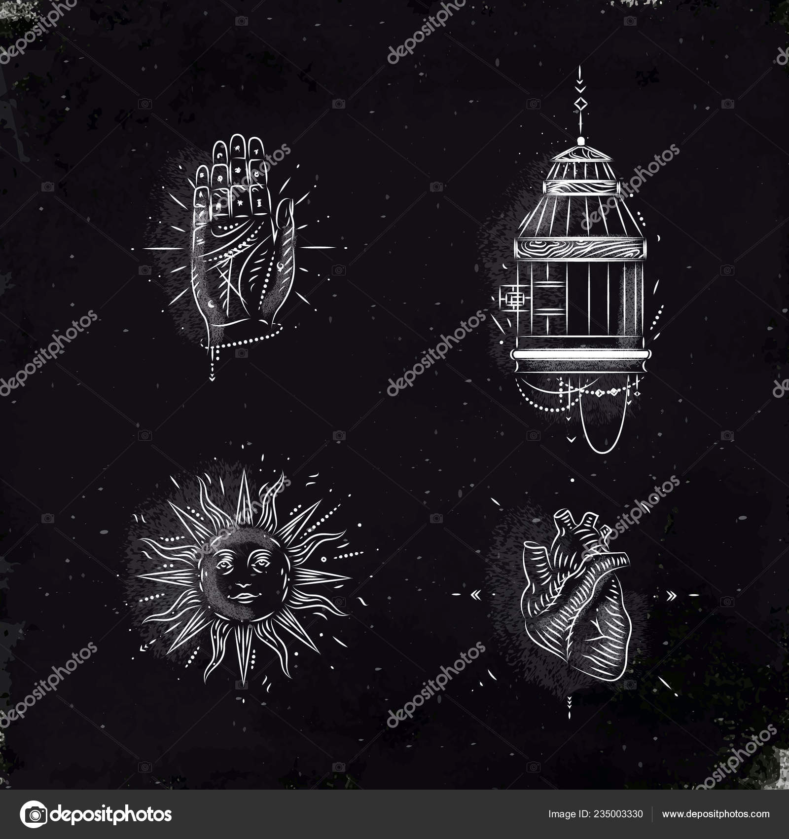 Magic Mystic Signs Symbols Hand Bird Cage Sun Heart Drawing Stock ...