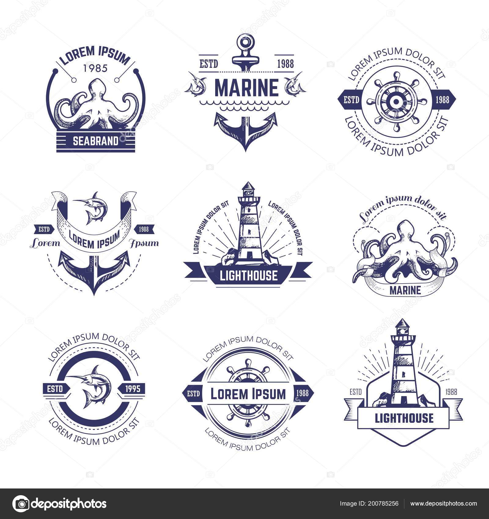 Sea Brand Promo Logotypes Lighthouses Marine Elements Stock Vector ...